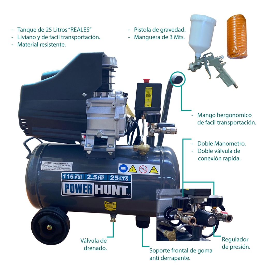 Kit Compresor 25L, doble conecxion, 3 metros manguera y pistola de gravedad | Grupo Bolder S.A ...